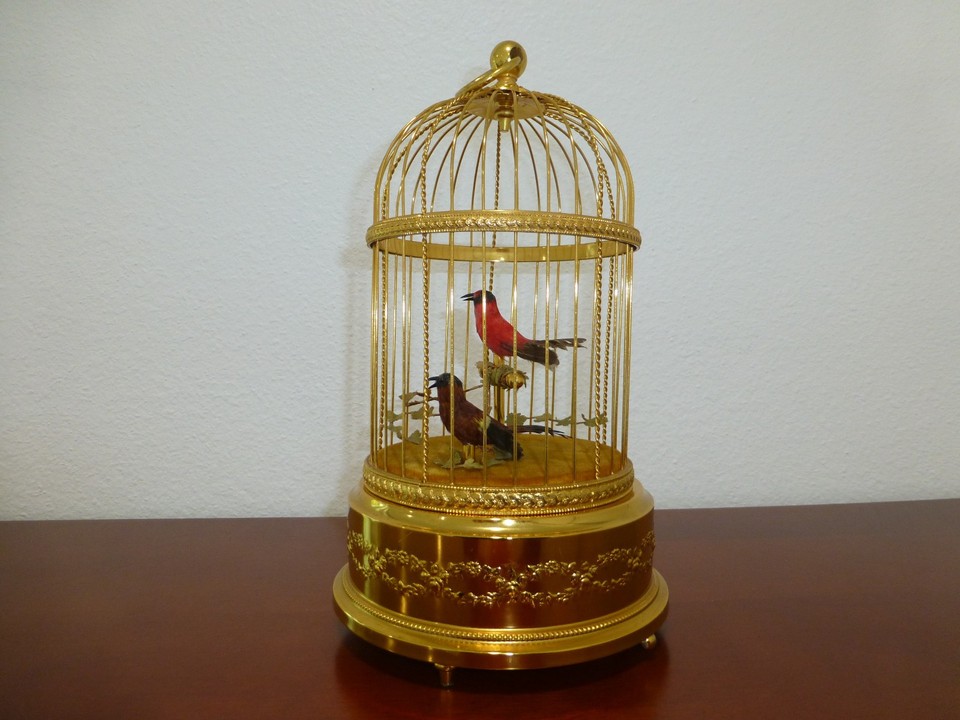 Vintage Swiss Reuge Singing Bird Cage Two Birds Gold Gilt Cage (Watch ...