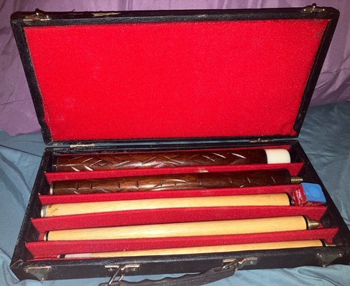 Vintage 5 Piece Carved Wood Pool Billiard Cue Stick & Brass With Case ...