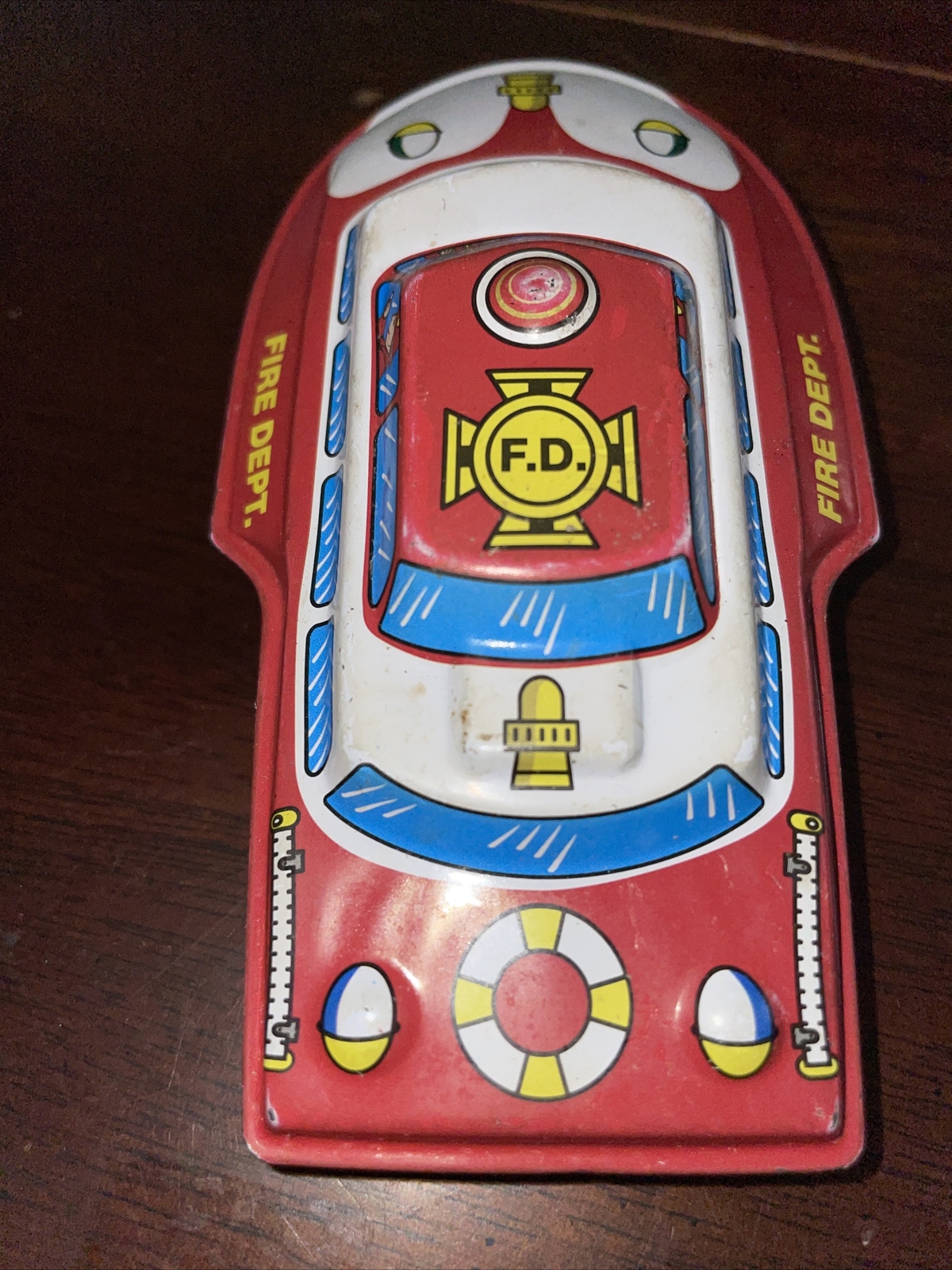 TOY FIRE DEPT BOAT by Schylling 2013 Inertia Wheels * Tin Red/White 4.5 ...
