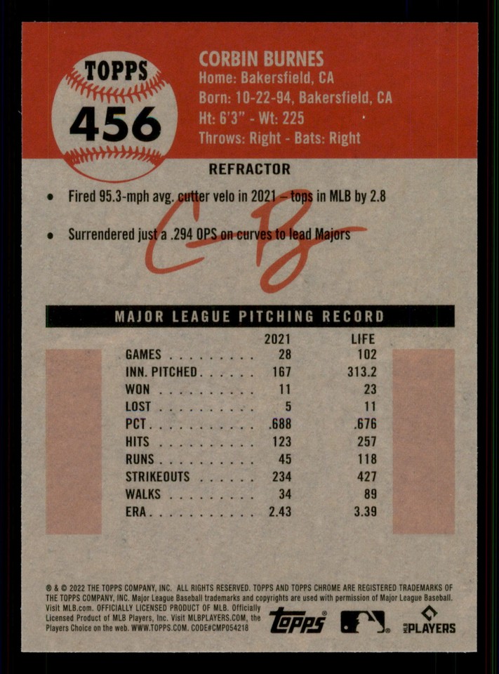 2022 Topps Chrome Platinum Ann. Corbin Burnes Refractor #456 Milwaukee Brewers | eBay