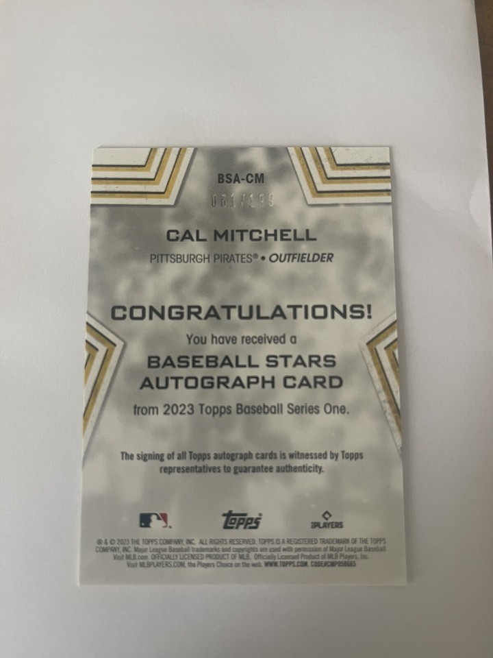 Cal Mitchell 2023 TOPPS SERIES 1 BASEBALL STARS ROOKIE AUTO Black /199 ...