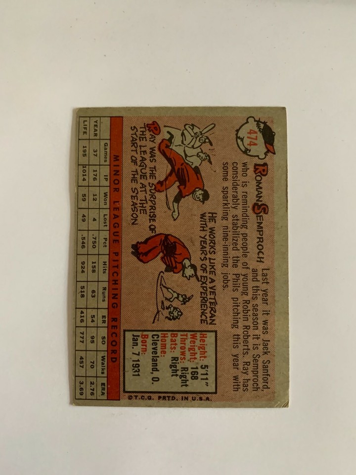 1958 Topps #474 Roman Semproch RC - Philadelphia Phillies | eBay