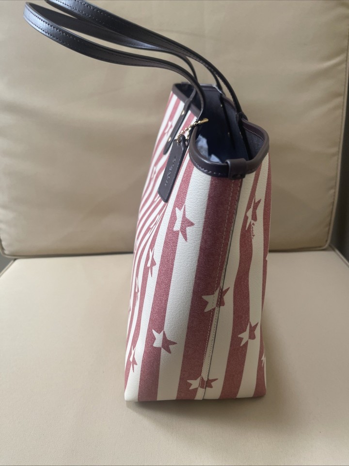 Coach Star Stripe North South Tote Red White Leather Trim Shoulder Bag ...