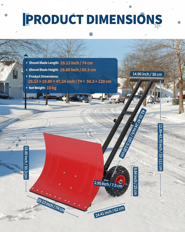 Heavy-Duty Snow Removal Shovel Steel Blade w/ Adjustable Push Angle ...