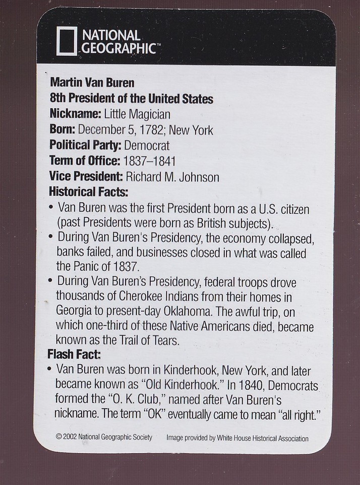 PRESIDENT MARTIN VAN BUREN 8th PORTRAIT 2002 NATIONAL GEOGRAPHIC CARD ...
