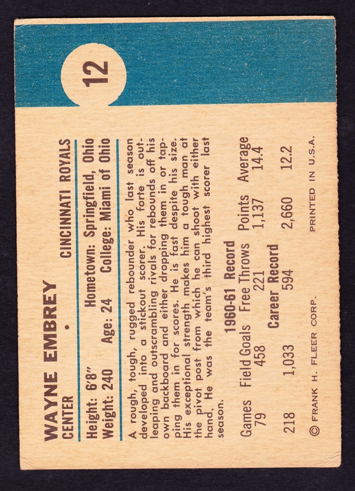 1961-62 FLEER #12 WAYNE EMBRY ROYALS ROOKIE | eBay