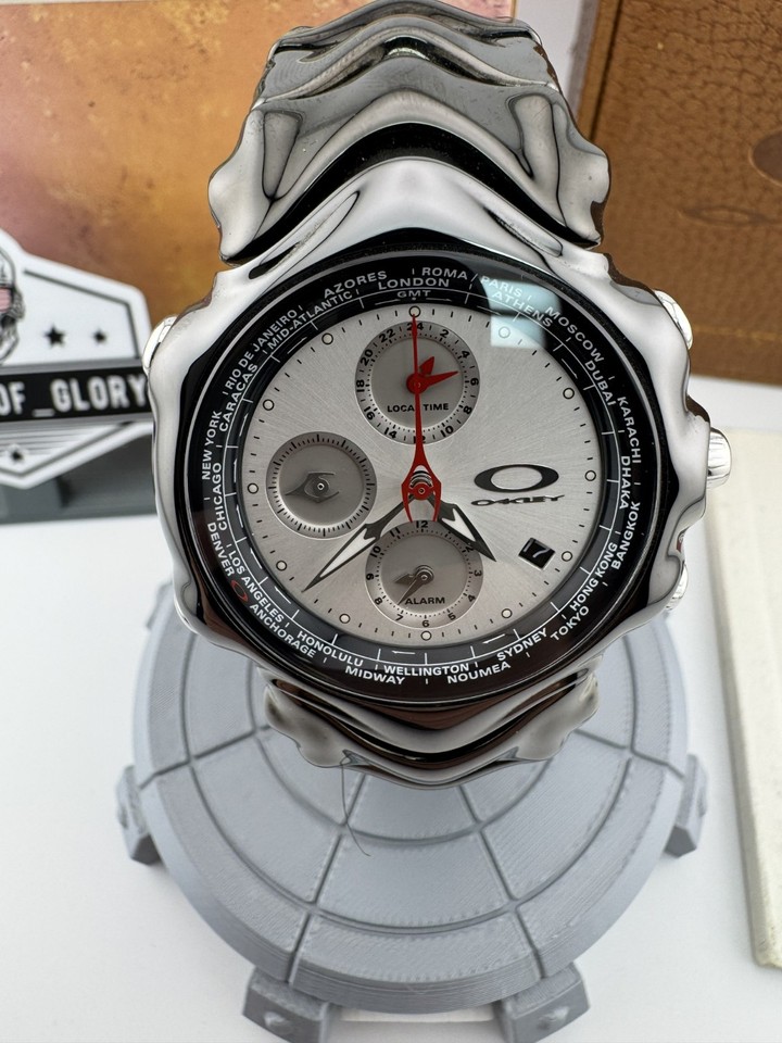 OAKLEY GMT ION PLATED POLISHED BLACK WHITE DIAL WATCH 10-143 COMPLETE ...