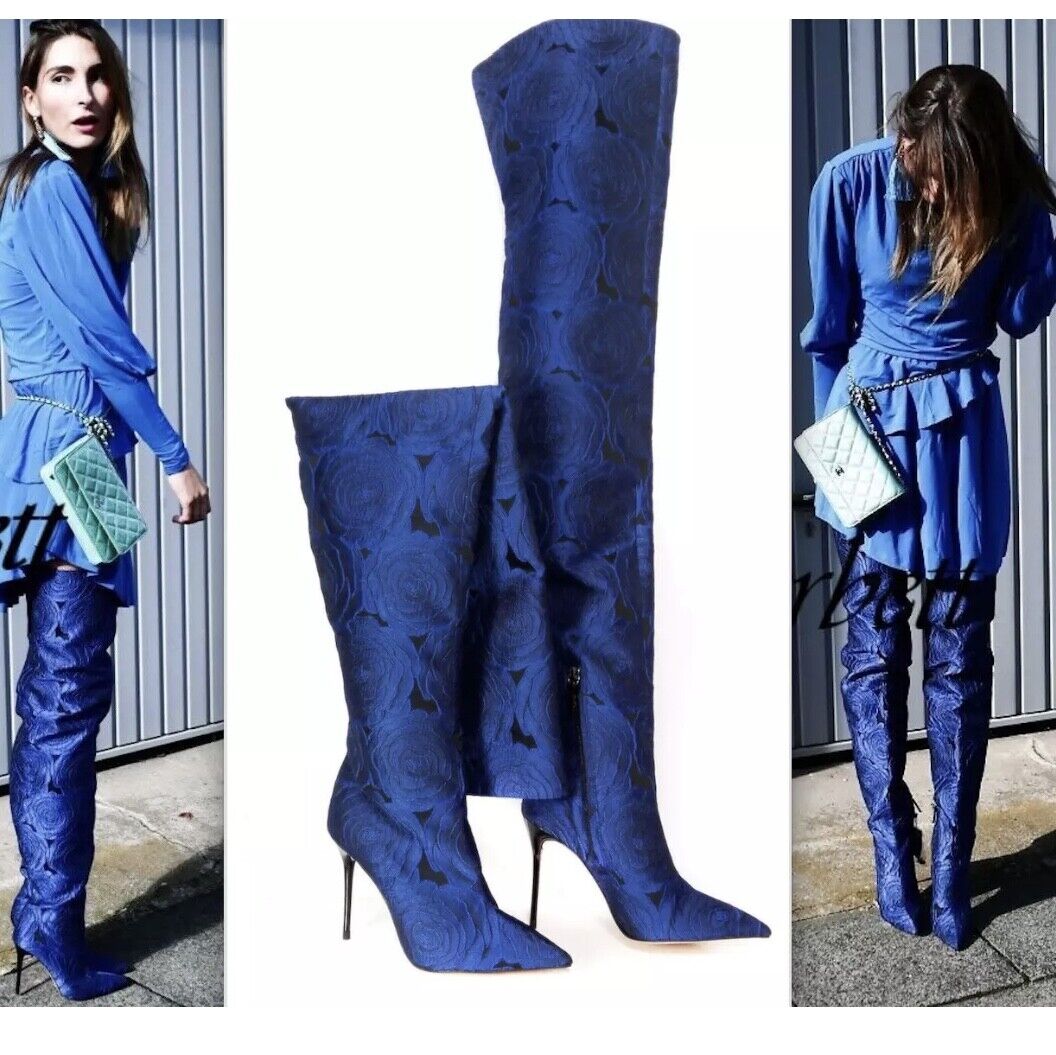 ZARA Rare Blue Floral Fabric Over The Knee High Heel Boots ZARA Rare Blue Floral Fabric Over The Knee High Heel Boots