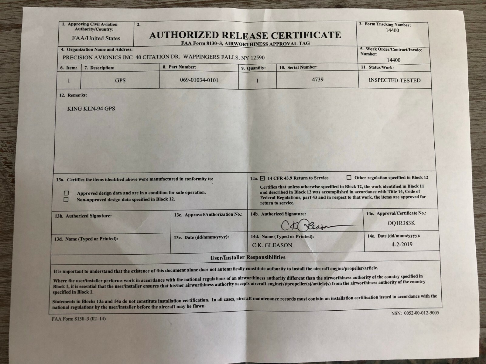 BENDIX/KING KLN 94 Color GPS P/N 069-01034-0101 WITH FRESH FAA Form ...