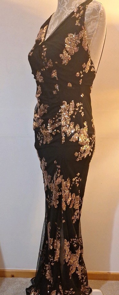 Black With Gold Sequin Design Left Side Split Maxi Prom Dress Size ...