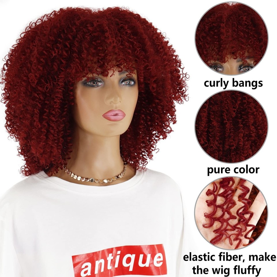 Red Curly Wigs for Black Women, Short Afro Curly Wigs with Bangs Sy ...