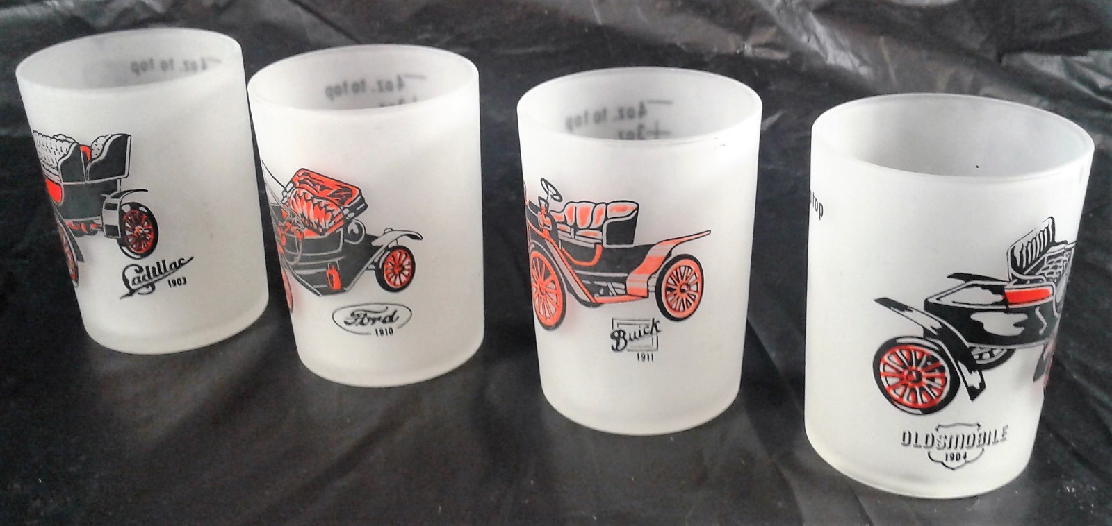 4 Pc Set Shot Glasses Automobile 1904 Olds 1910 Ford 1903 Cadillac 1911 ...