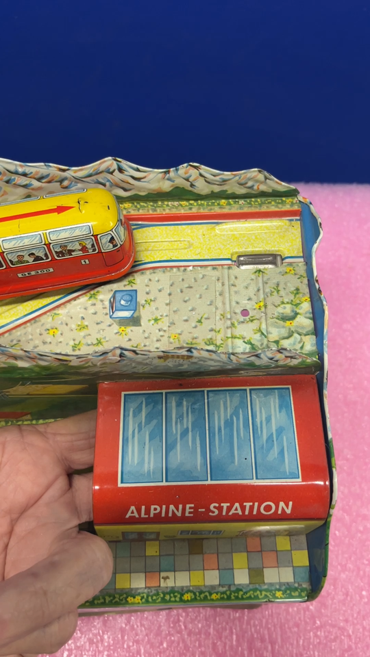 1950-60’s W. GERMANY TECHNOFIX ALPINE STATION TIN TOY 2 BUSES, TRACK ...