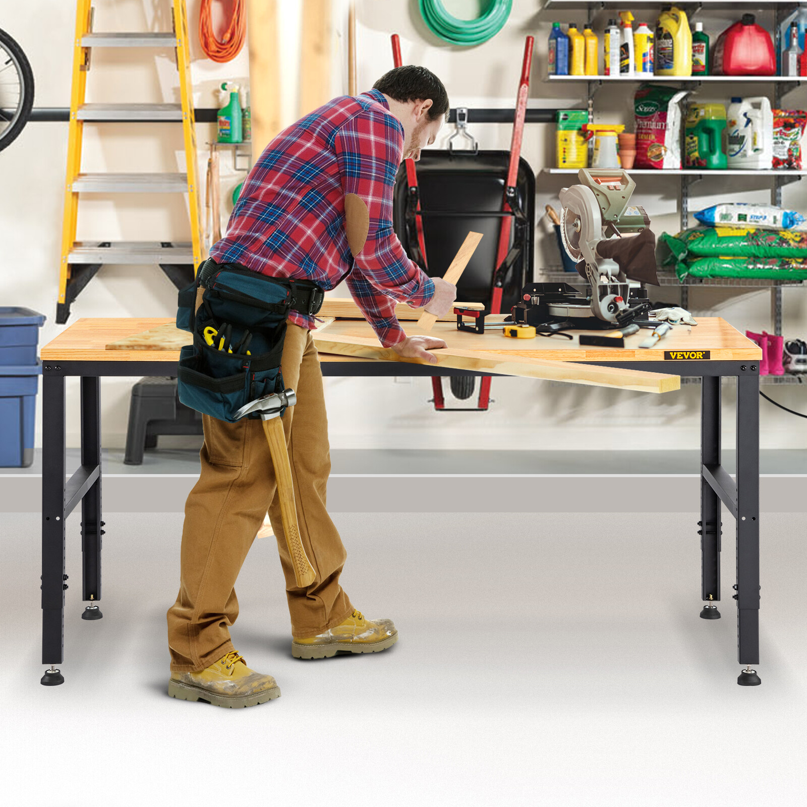 Adjustable Height Workbench 61"L x 20"W Work Bench Table w/ Power ...