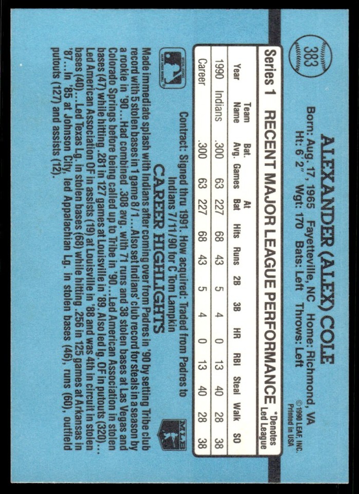 1991 Donruss Baseball Card Alex Cole Cleveland Indians #383 | eBay