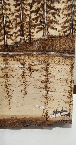 Signed Pyrography Wood Burning Wood Art Birch & Pine Trees Birds Water ...