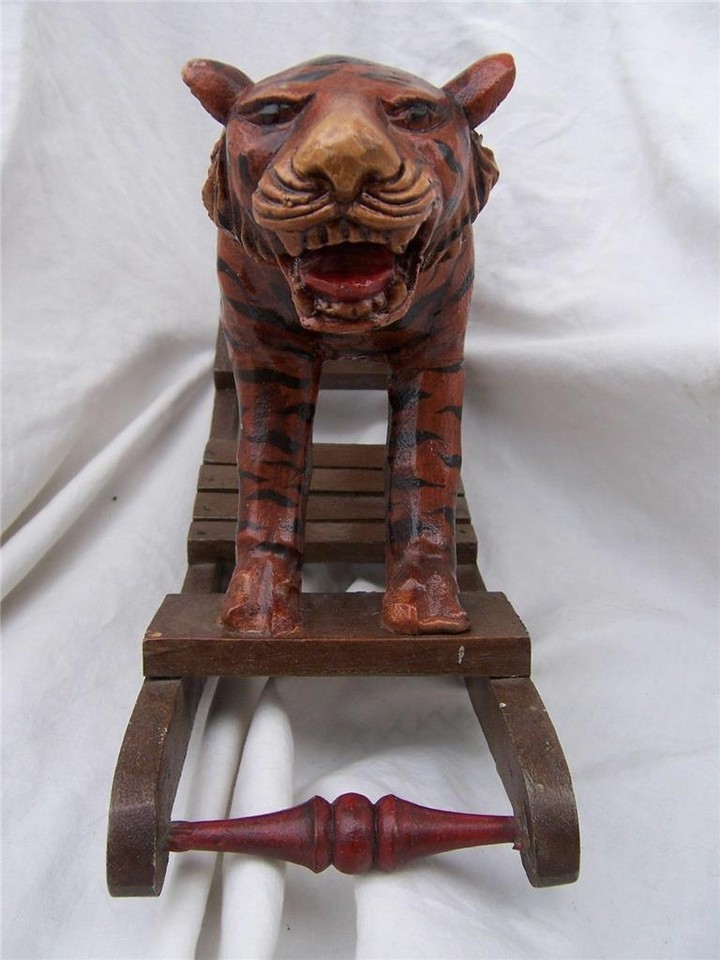 VTG CARVED WOOD SIBERIAN BENGAL TIGER HOBBY ROCKING HORSE WOODEN HOME ...