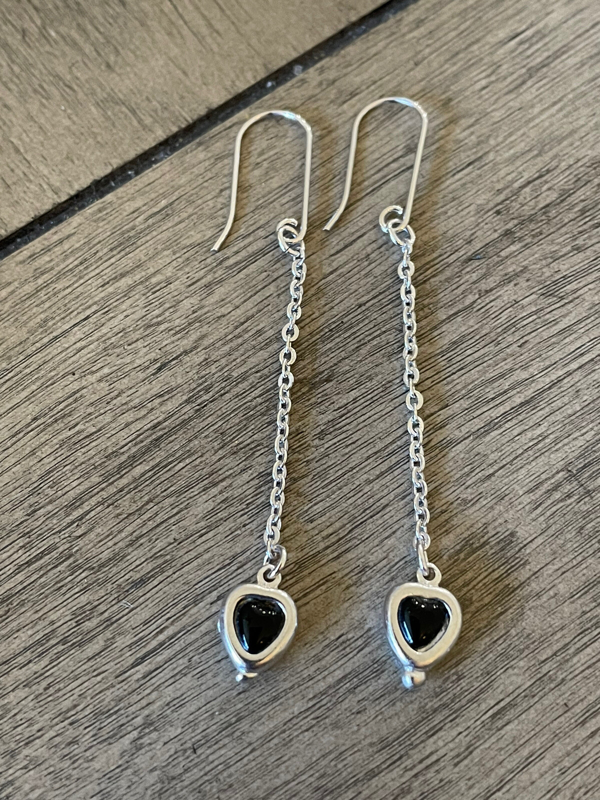 Heart Chain Earrings Finished With A Black Heart Cabachon | eBay
