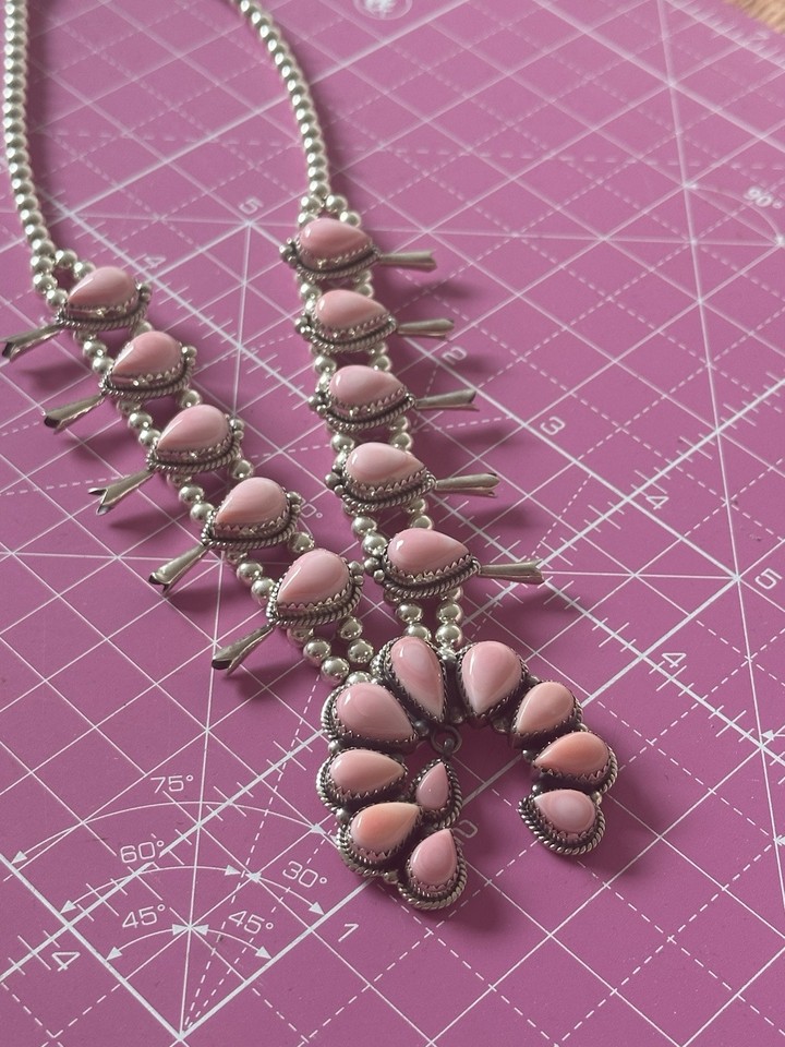 Pink Conch Squash Blossom Native Navajo Style Sterling Silver Statement ...