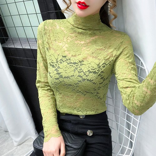 Lady Slim Floral Lace Tops Mesh Crochet Sheer T-shirt Turtleneck Blouse ...