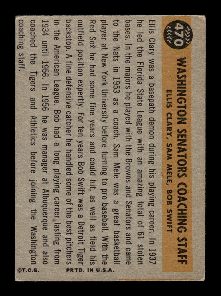 1960 Topps Baseball #470 Bob Swift Ellis Clary Sam Mele Washington ...