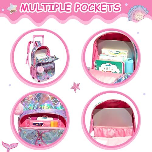 Mermaid Rolling Backpack for Girls Kids Backpack with Wheels for Pink ...