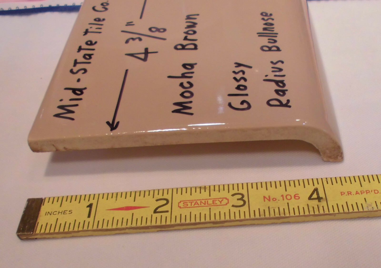 1 pc. Mocha - Brown: Radius Bullnose Ceramic Tile: 4-3/8" Mid-State Co ...