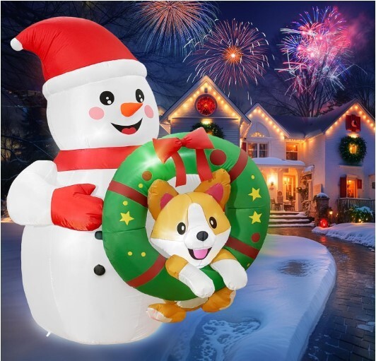 6FT Christmas Inflatable Snowman Decoration with Corgi Wreath and LED ...