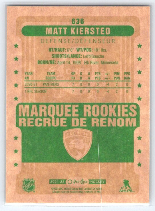 2021 Upper Deck Matt Keirsted #636 OPC Retro Rookie Florida Panthers | eBay