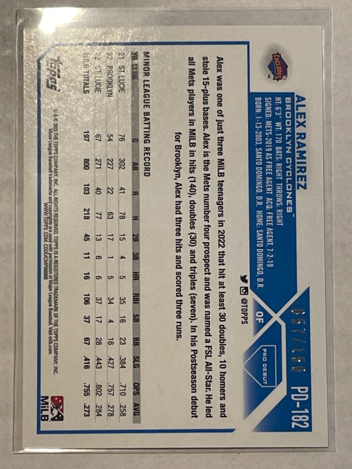 Alex Ramirez 2023 Topps Pro Debut Blue Foil /150 PD-182 Brooklyn ...