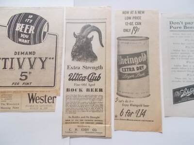 vtg BEER NEWSPAPER ADS LOT: Pabst UTICA CLUB Tivvy SCHLITZ Rheingold ...