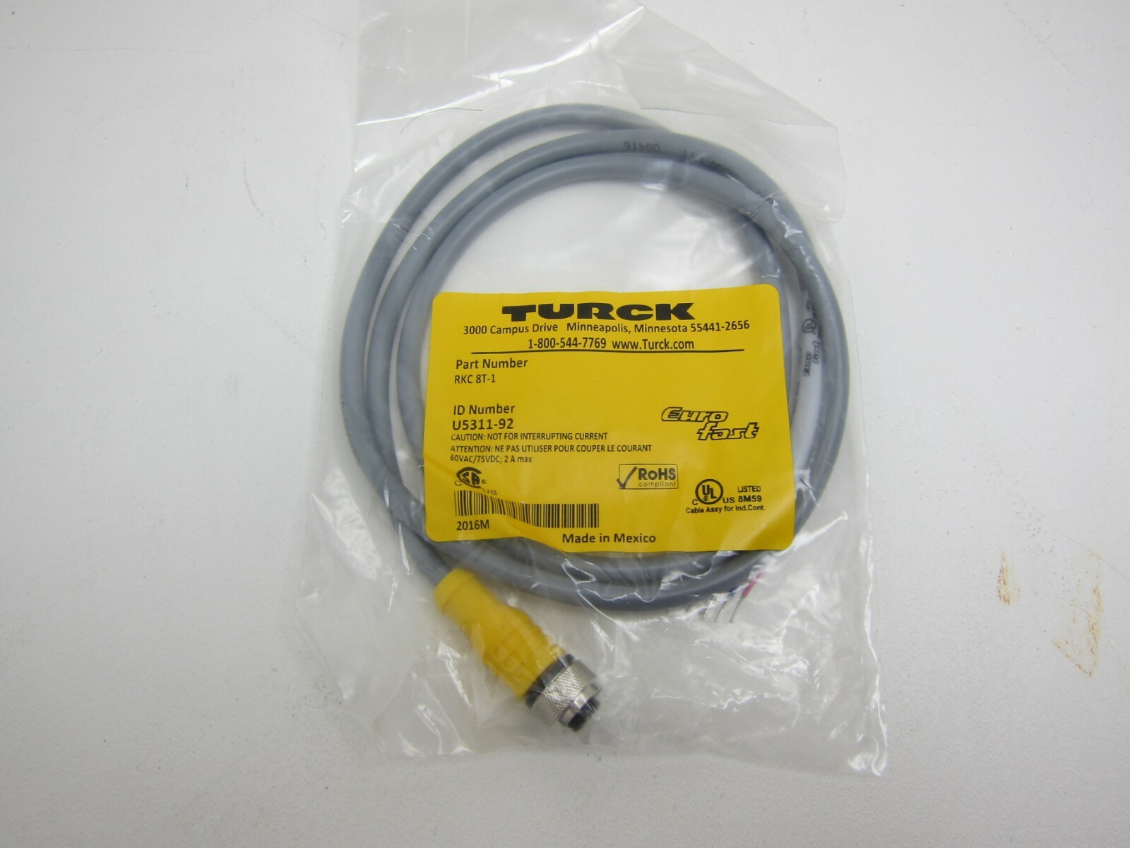 Turck RKC 8T-1 Single-Ended Cordset Straight Female M12 1M (NEW) | eBay