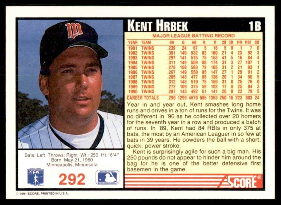 1991 SCORE KENT HRBEK MINNESOTA TWINS #292 | eBay