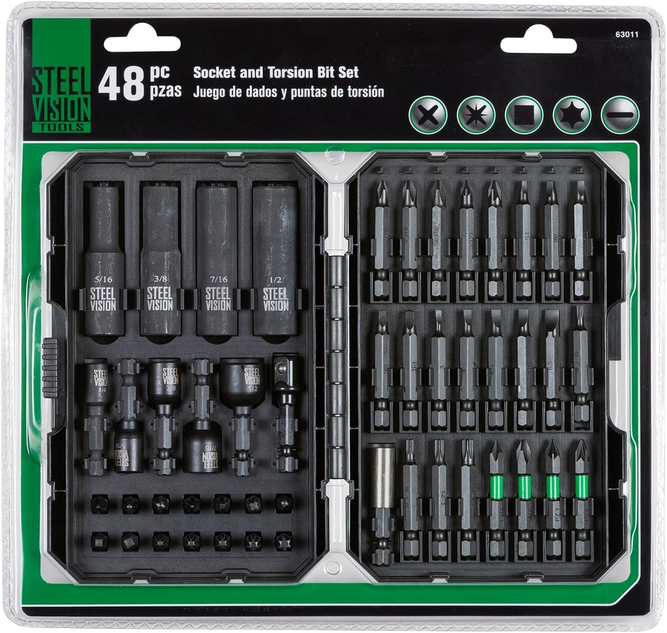 48Pc Socket & Torsion Bit Set with 3/8” Deep Sockets, Phillips, Pozi ...