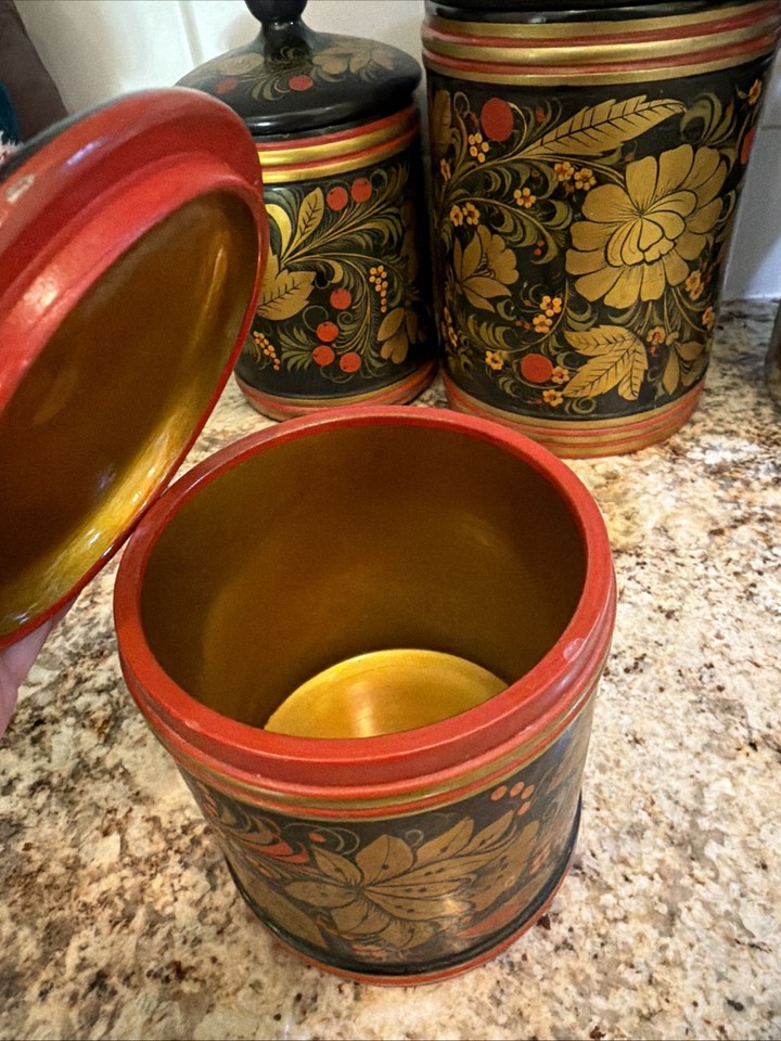 Vintage Russian Khokhloma Jar w/ Lid Hand Painted Lacquer Wooden ...