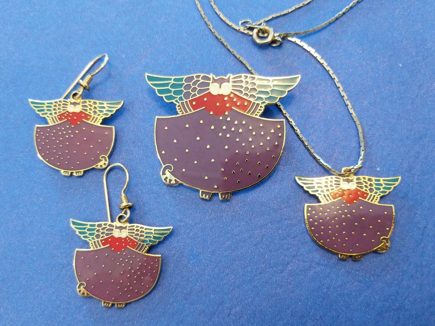 Laurel Burch ANGELICAT Earrings, Brooch & Necklace Pendant Set. Gold ...