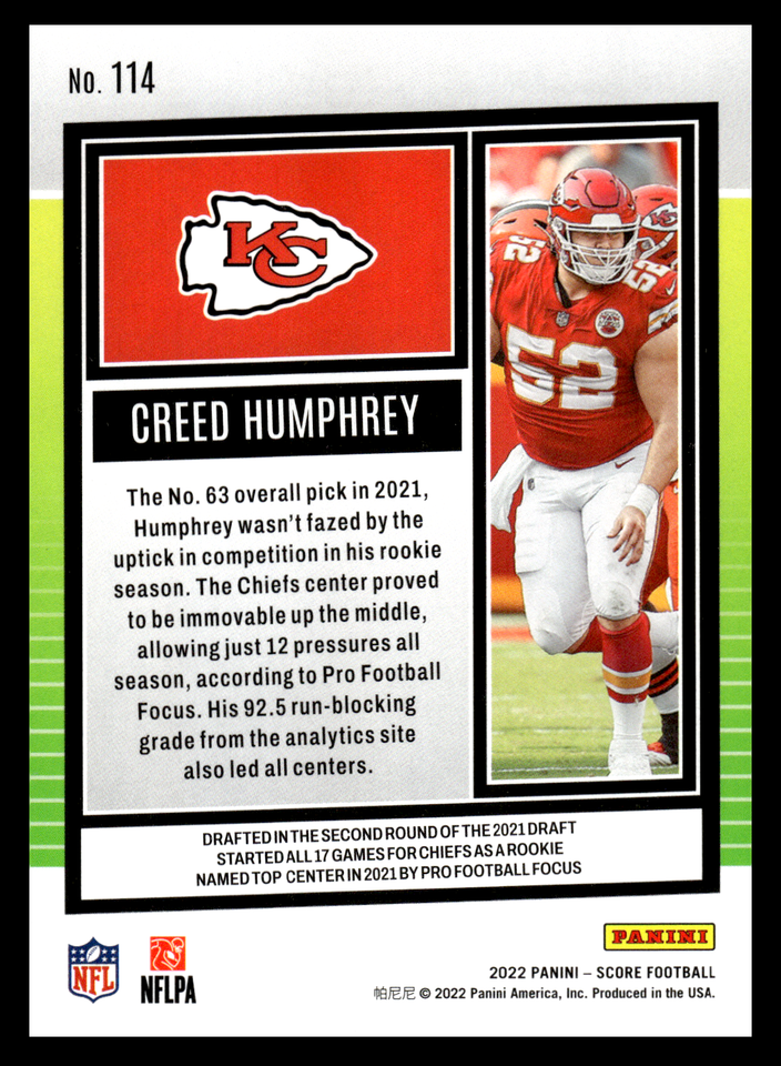 2022 Panini Score Creed Humphrey #114 Kansas City Chiefs NFL Football ...