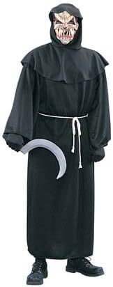 Horror Robe Grim Reaper Black Hooded Scary Fancy Dress Halloween Adult ...