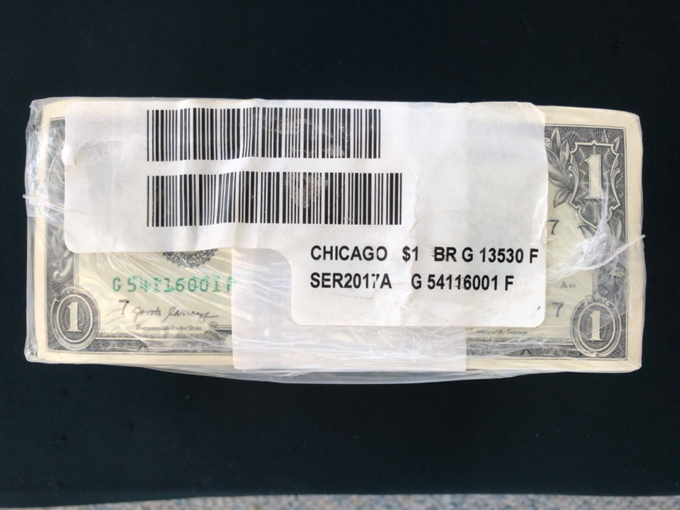 100 (ONE STACK) 2017A $1 ONE DOLLAR UNCIRCULATED NOTES FROM BEP BRICK ...