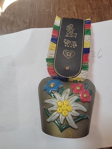 Vintage German Hand Painted Metal Cow Bell Colorful Embroidered Strap ...