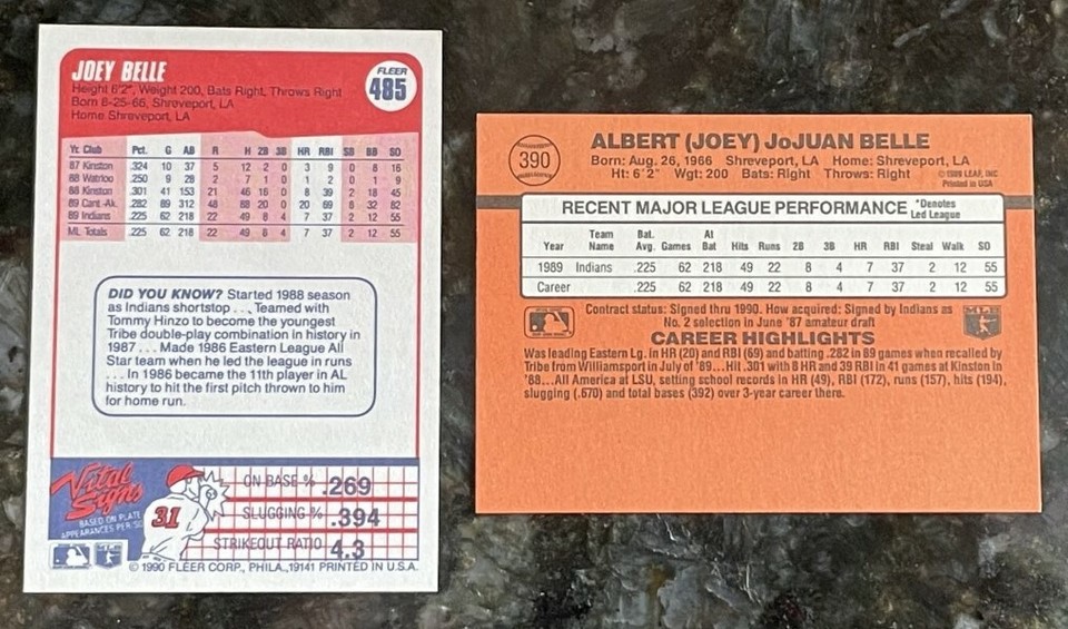 1990 Joey "Albert" Belle 2-Card Rookie Lot - Cleveland Indians ...