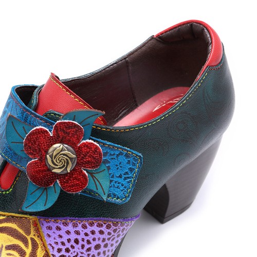 Vintage Handmade Print Stitching Women's Stacked Heel Pumps Oxford ...