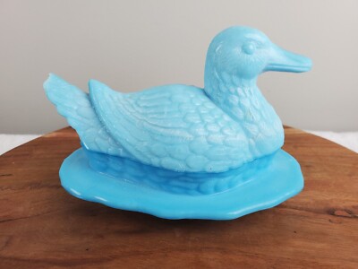 Vintage Blue Milk Glass Duck On Base Covered Dish Folded in Wings Solid ...