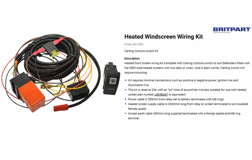 Heated Windscreen Wiring Kit Land Rover Defender 1987 - 2016 90 / 110 ...