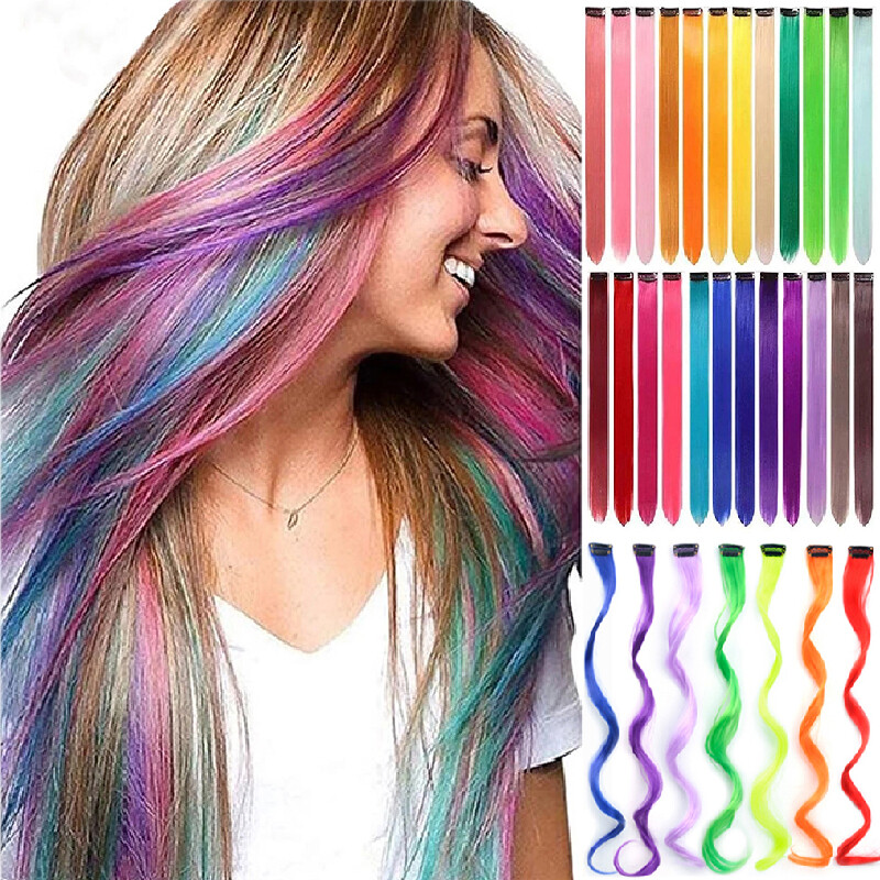 22" Rainbow Highlight Streaks Hair Extensions Clip In Full Head Real as ...