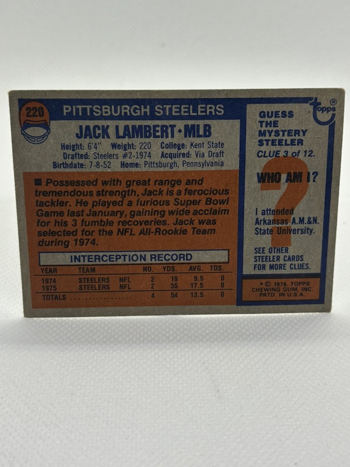 1976 Topps Jack Lambert #220 Rookie RC Football Card - EX | eBay