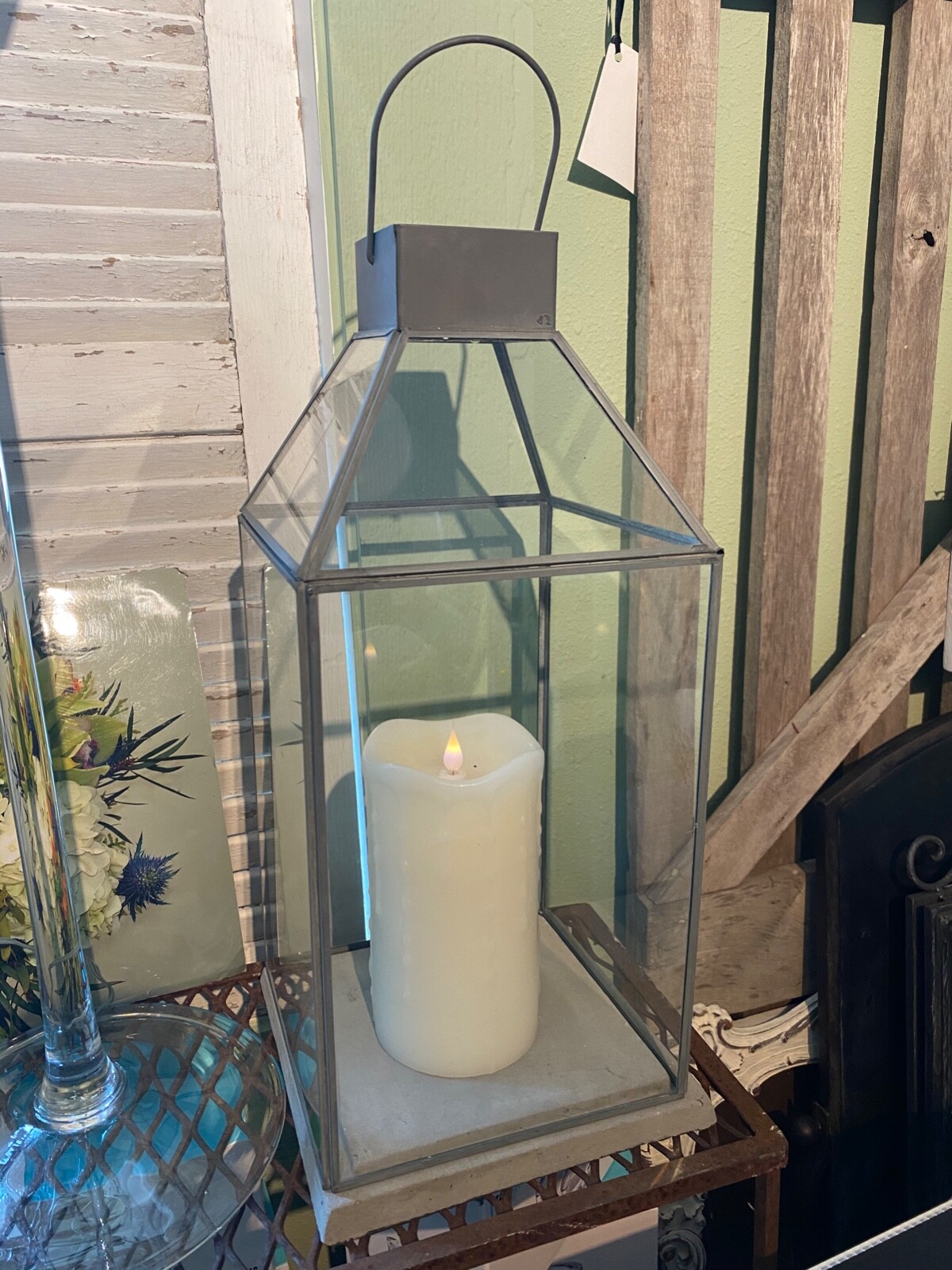 Large BIDK Home Lantern For Pillar Candles Grey Metal & Glass Door 18. ...