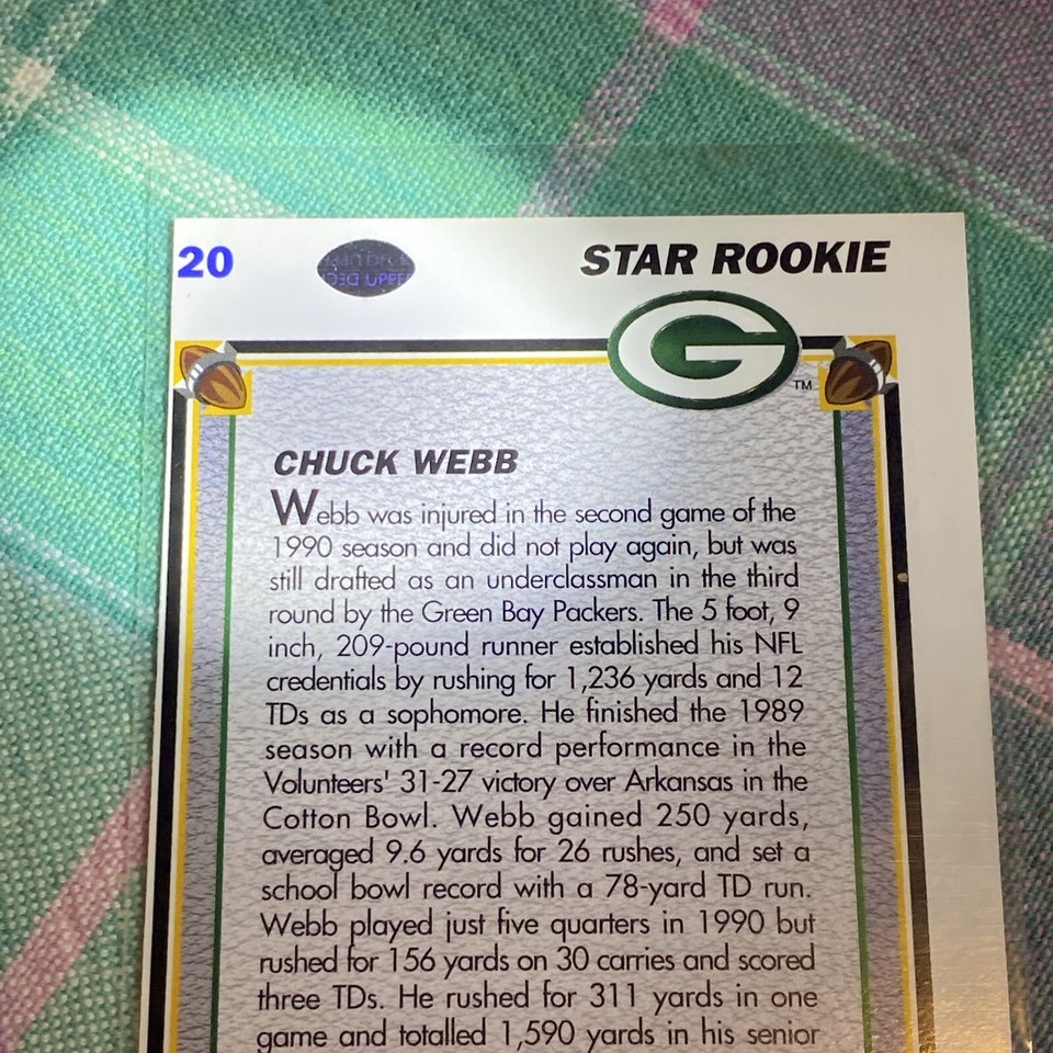 RARE MISPRINT 1991 Upper Deck Star Rookie RC #20 Chuck Webb Green Bay ...