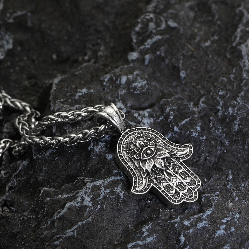 Mens Silver Hamsa Hand of Fatima Pendant Necklace Protection Jewelry ...