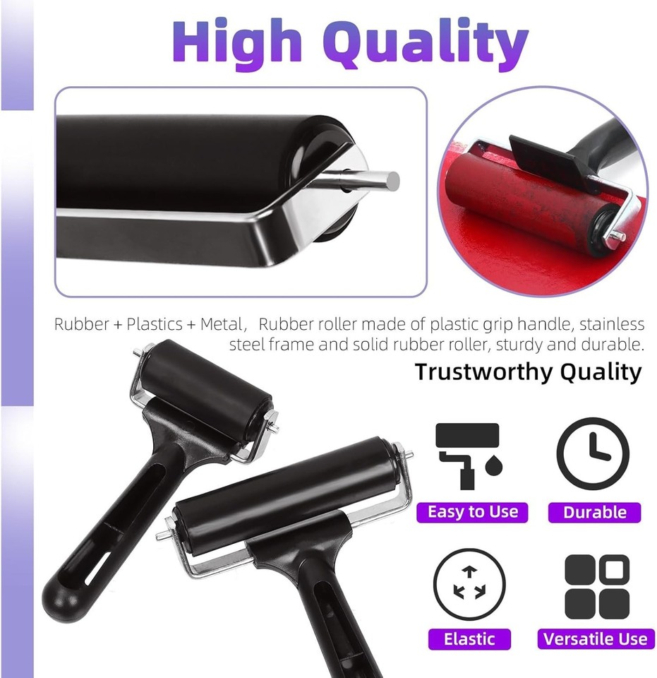 5 Pack Rubber Roller Brayer Set with Two Tweezers, Hard Rubber, Block ...